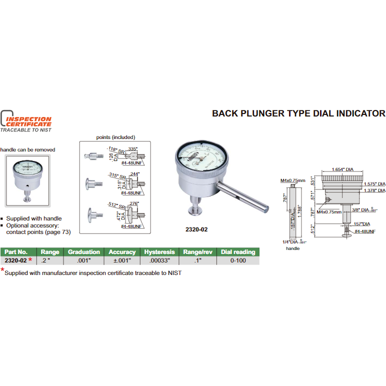 BACK PLUNGER TYPE DIAL INDICATOR - 2320-02